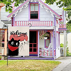 Valentines Day Garden Flag Cat Welcome Valentines Garden Flag Love Heart Home Burlap Double Sided Yard Decor 12.5x18 Inch