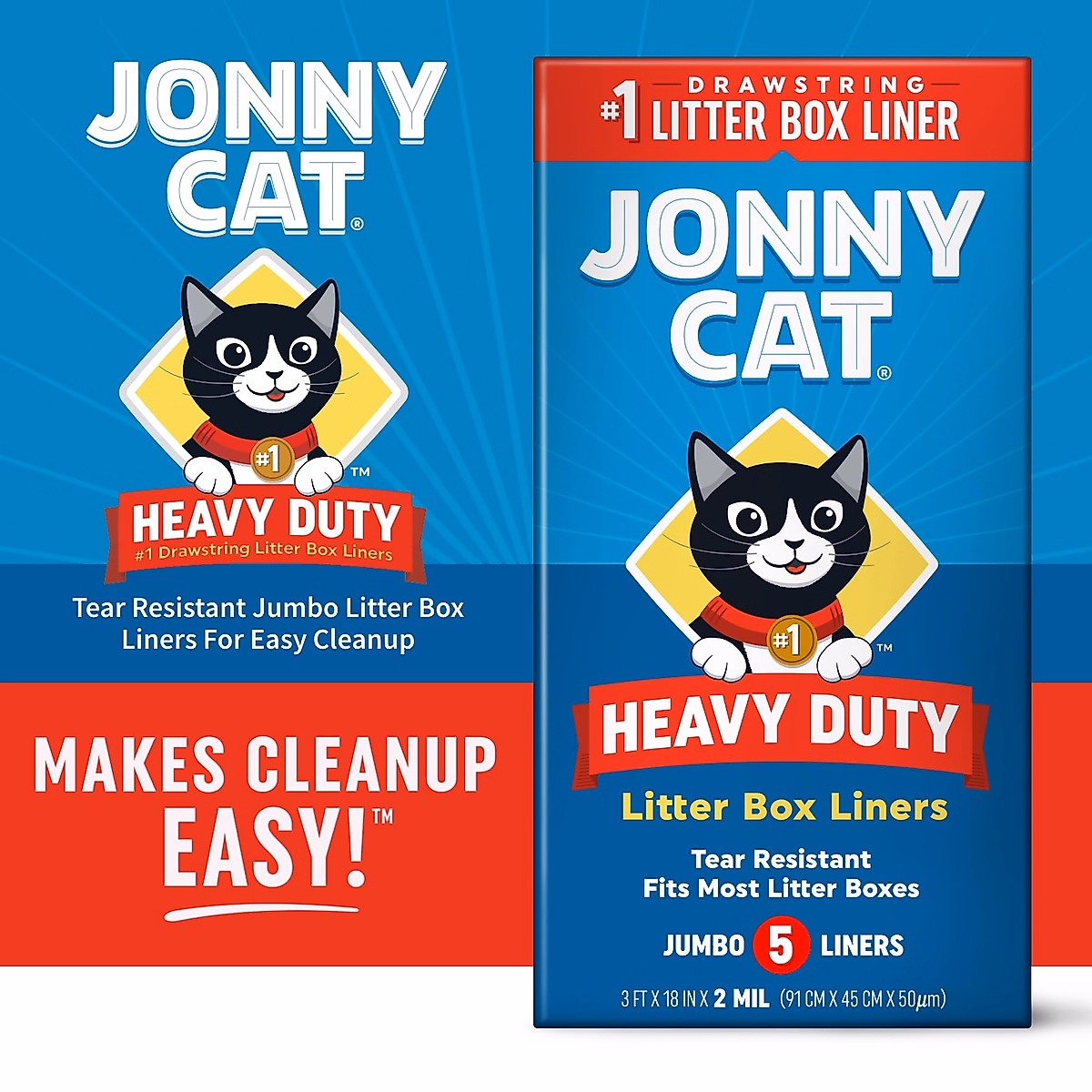 Jonny Cat Litter Box Liners: Heavy Duty - Tear & Leak Resistant - Drawstring Close - Jumbo, 5 Count