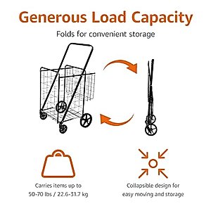 Amazon Basics Foldable Shopping Utility Cart with 360-Degree Wheels, X-Large, Black