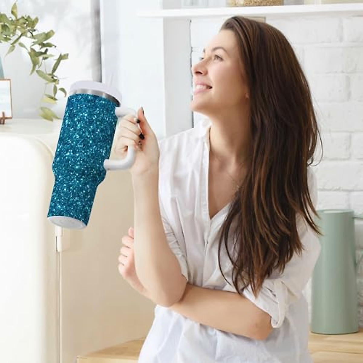 Blue Glitter Texture 40 oz Tumbler with Handle and Straw Lid, Sparkling Sequins Insulated Coffee Cup Reusable Stainless Steel Water Bottle Travel Mug Cupholder Friendly,Gifts for Women Men