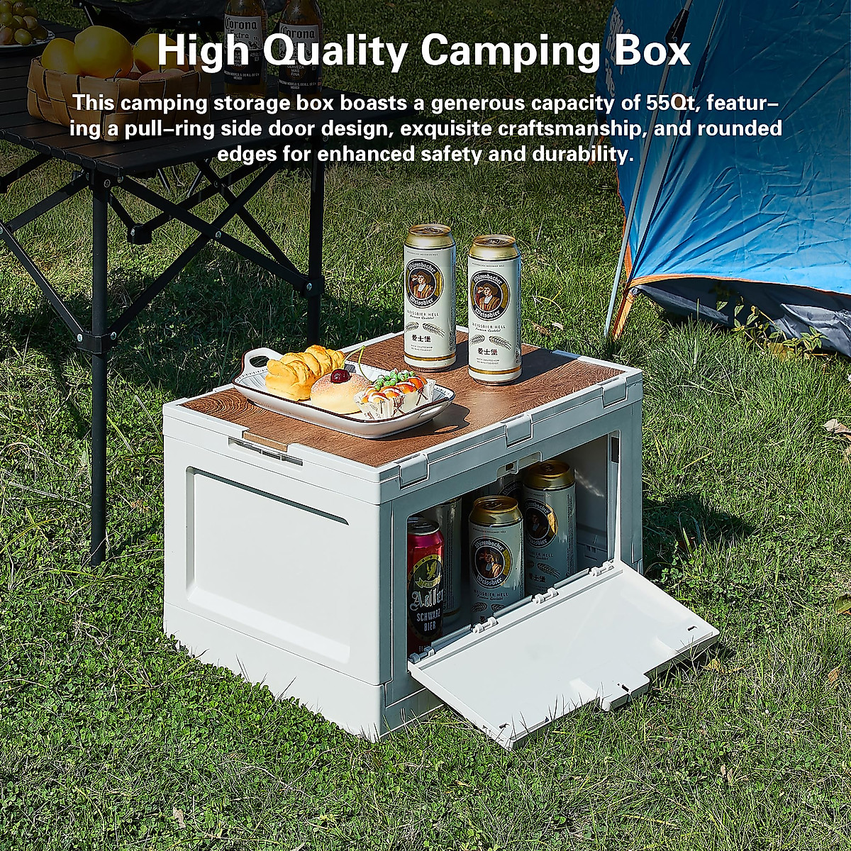 VECELO Collapsible Storage Bins with Lids, 55 Qt Large Foldable Plastic Box with Handles, Foldable Folding Camping Box with 2 Side Doors, Portable Storage Box for Camping, Outdoor/indoor, Beige