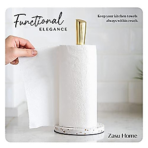 Zasu Marble Paper Towel Holder Gold Countertop, Kitchen, Toilet, Pantry and Bathroom Standing Paper Towel Roll Holders with Marble Base for Standard or Jumbo-Sized Roll Holder (Gold/Marble)