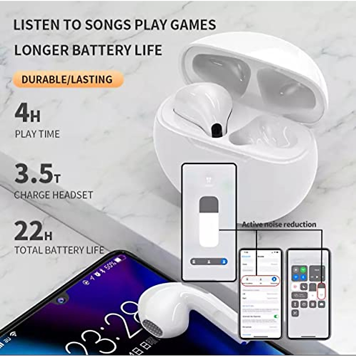 Pro 6 True Wireless Earbuds, Bluetooth Headphones, Hi-Fi Stereo Sound in-Ear Earphones, 99.99% Compatible with All Mobile Devices, Built-in Microphone, Up to 26 Hour Play Time with Charging Case