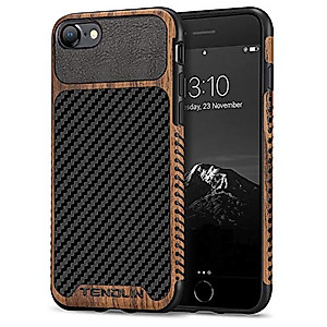 TENDLIN Compatible with iPhone SE 2022 Case (3rd Gen)/iPhone SE 2020 Case (2rd Gen)/iPhone 8 Case/iPhone 7 Case Wood Grain with Carbon Fiber Texture Design Leather Hybrid Slim Case Black