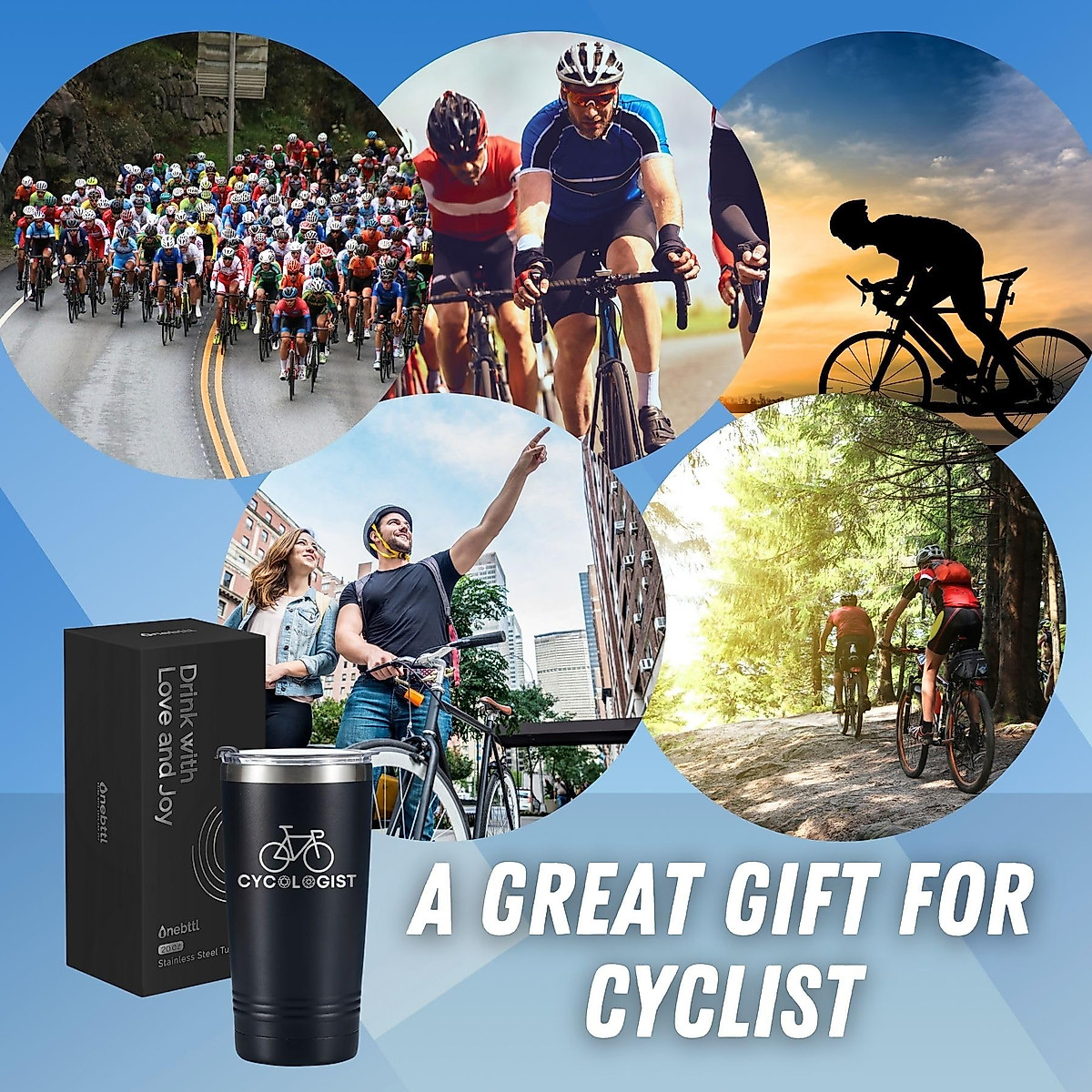 Onebttl Biker Cyclist Gifts for Men, Tumbler Travel Coffee Mug, Bicycle Enthusiasts, Roadbike MTB, Boyfriend Husband Dad Father's Day, Stainless Steel Insulated 20oz/590ml - Cycologist