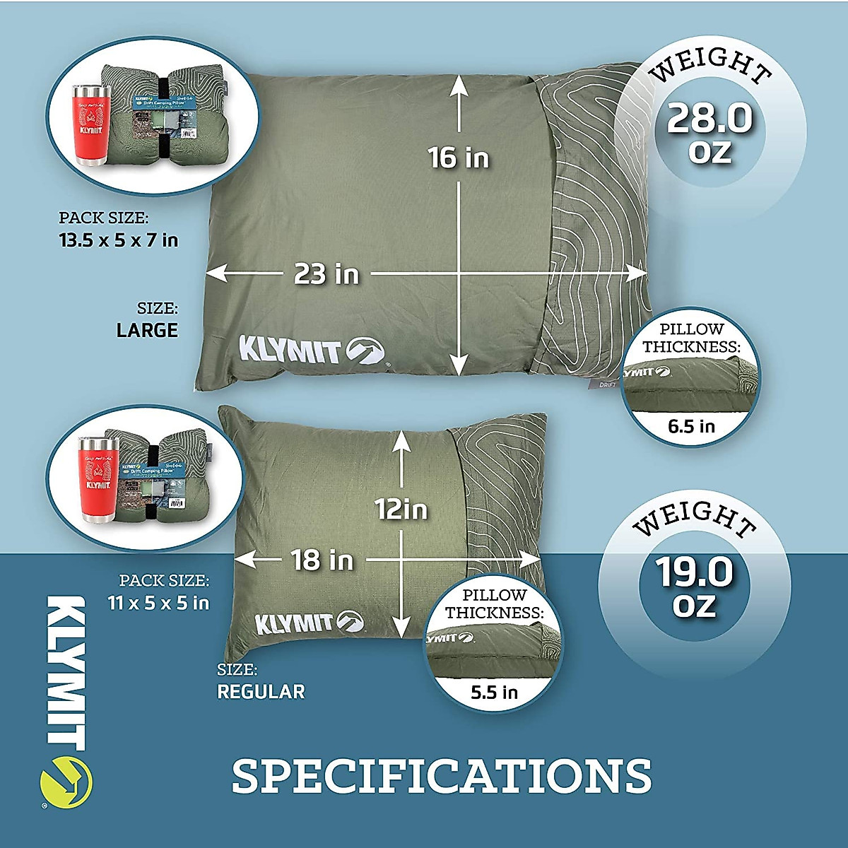 Klymit Drift Camping Pillow, Shredded Memory Foam Travel Pillow with Reversible Cover for Outdoor Use, Green, Regular