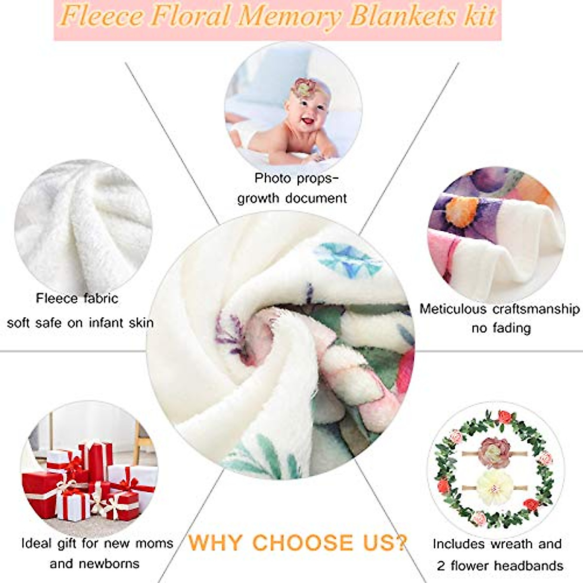 SPOKKI 4 PCS Baby Monthly Milestone Blanket, 51"x40" Premium Fleece Floral Memory Blankets kit for Newborn Girls Boys Photography Props and Mom Nursery Shower Gift (Pink)