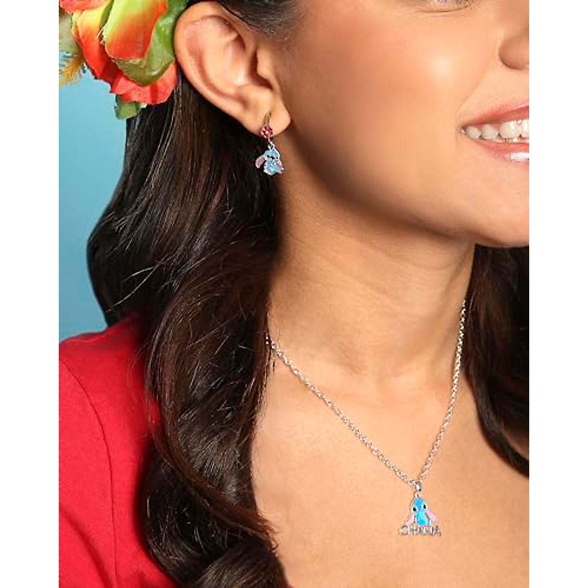 Disney Girls Lilo & Stitch Hoop Earrings - Enamel Hibiscus Flower & Stitch Brass Dangle Earrings - Officially Licensed