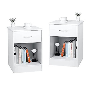TUSY 2 PCS White Nightstand with Drawer, Bedside Table Side Table for Small Place, Bed Table End Tables for Living Room Bedroom, File Cabinet Storage with Sliding Drawer and Shelf