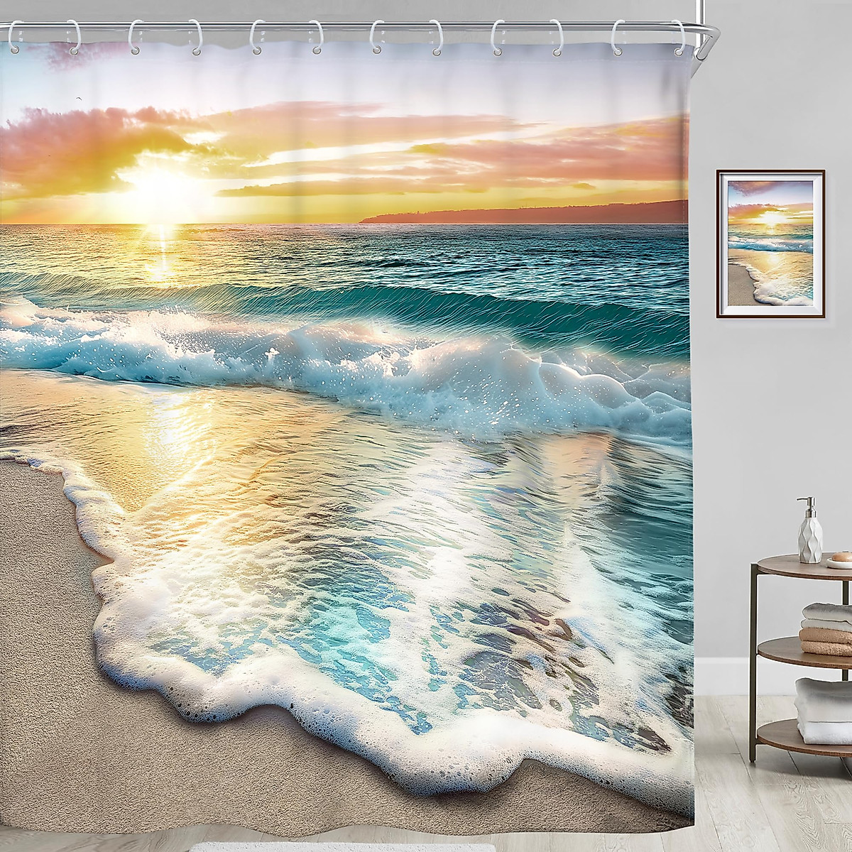 Riyidecor Ocean Coastal Hawaiian Sunrise Shower Curtain 72x84 Inch Sea Wave Summer Beach Seaside Scene Island Blue Fabric Set Waterproof 12 Pack Hooks BB-JWXP