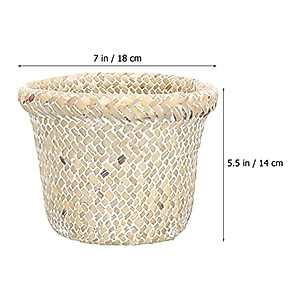 Cabilock Trash Can Straw Woven: Wastebasket Bedroom Trash Can Office Small Garbage Cans Wicker Waste Basket Decorative Countertop Trash Container for Home Office White 18x14cm
