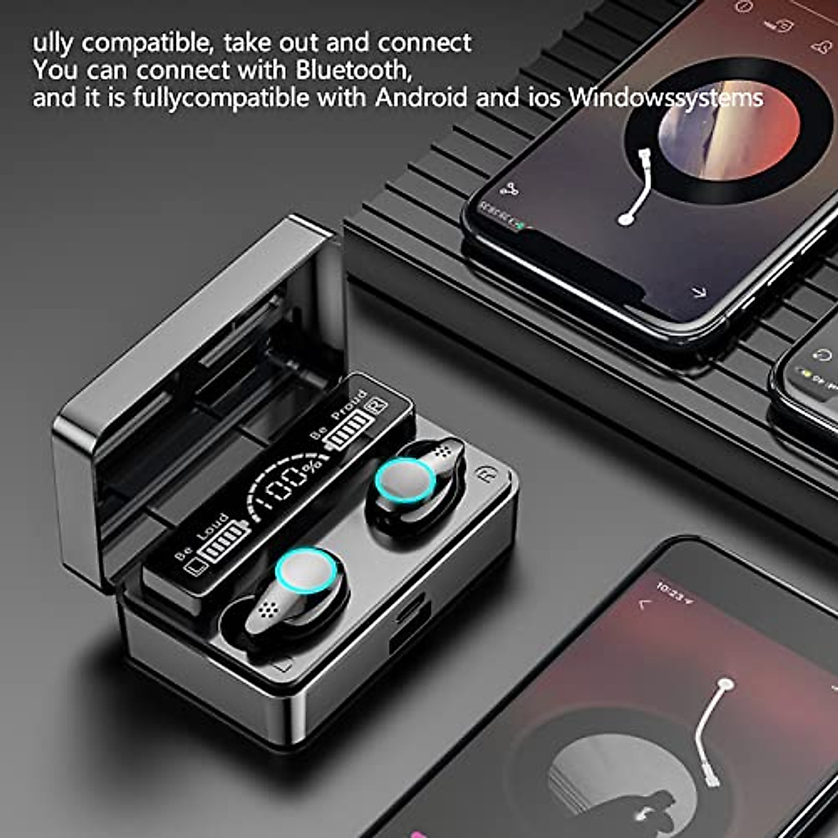 Wireless Bluetooth LED Display Electroplated Earphones,9D HiFi Stereo Sound with Mic,with Charging Case, Binaural Call,Noise Reduction Technology, IPX7 Waterproof, for Sports, for iOS Android (Black)