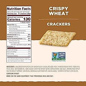Back to Nature Crispy Wheat Crackers - Dairy Free, Non-GMO, Made with Wheat Flour & Sea Salt, Delicious & Quality Snacks, 8 Ounce