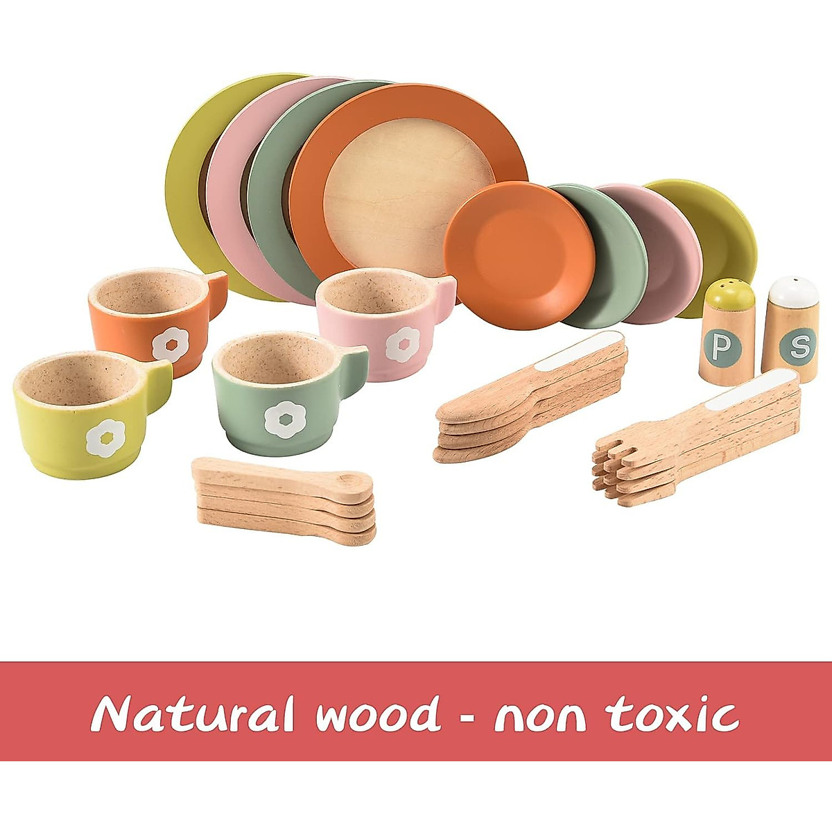 Giant bean 27PCS Wooden Toy Plates and Dishes for Kitchen Set,Montessori Kitchen Toys for Girls and Boys, Wooden Play Kitchen Accessories