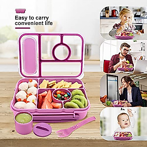 Amathley Bento Lunch box for kids, Adults/Kids/Toddler,5 Compartments with Sauce Vontainers,Microwave & Dishwasher & Freezer Safe, BPA Free(Purple)