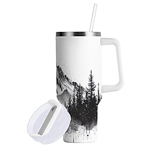 Jihqo Mountain Ink Style 40 oz Stainless Steel Vacuum Insulated Tumbler with Handle and Straw Lid, Leakproof Water Bottle Double Wall Travel Mug Coffee Cup, Cupholder Friendly