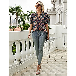 LOMON Womens Collared Shirts Puff Sleeve Polo Shirts Short Sleeve Summer Work Tops Navy Blue Floral XL