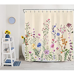 LB Farmhouse Floral Shower Curtain for Bathroom,Nature Colorful Wildflower and Green Botanical on Beige Fabric Shower Curtain with Hooks,Spring Country Theme Bathroom Curtains Shower Set, 72x78 inches