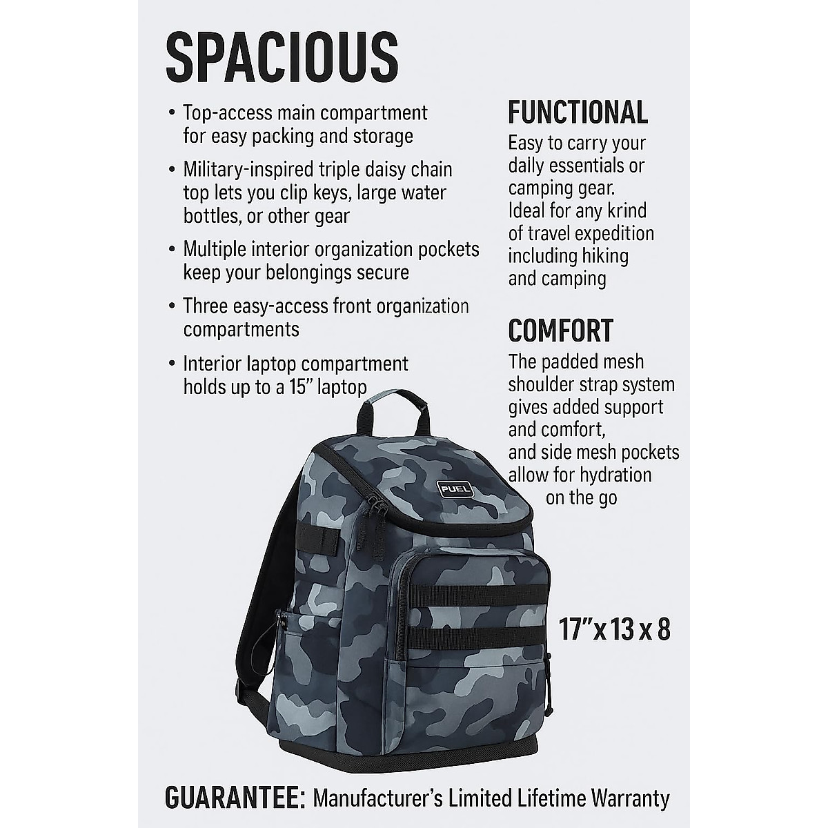 FUEL Multi-Pocket Cargo Backpack with High Capacity Top-Loader Entry, Black/Midnight Blue/Camo