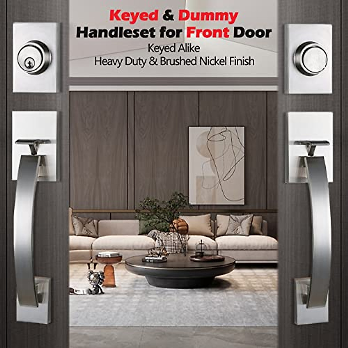 NEWBANG Silver Double Doors Handle Lock Set for Front & Entry Door - Satin Nickel Finish,MDHST2017SN-SET-BR