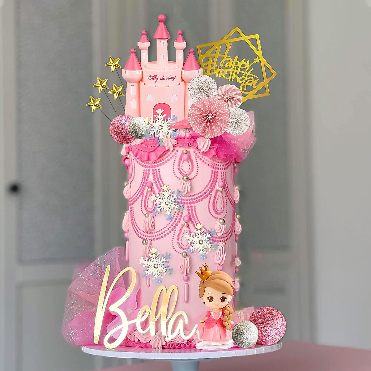19PCS Princess Cake Topper Castle Cake Decoration for Girl with Snowflake and Stars for Girl Kid Happy Birthday Party Decorations Princess Baby Shower Supplies (Pink)