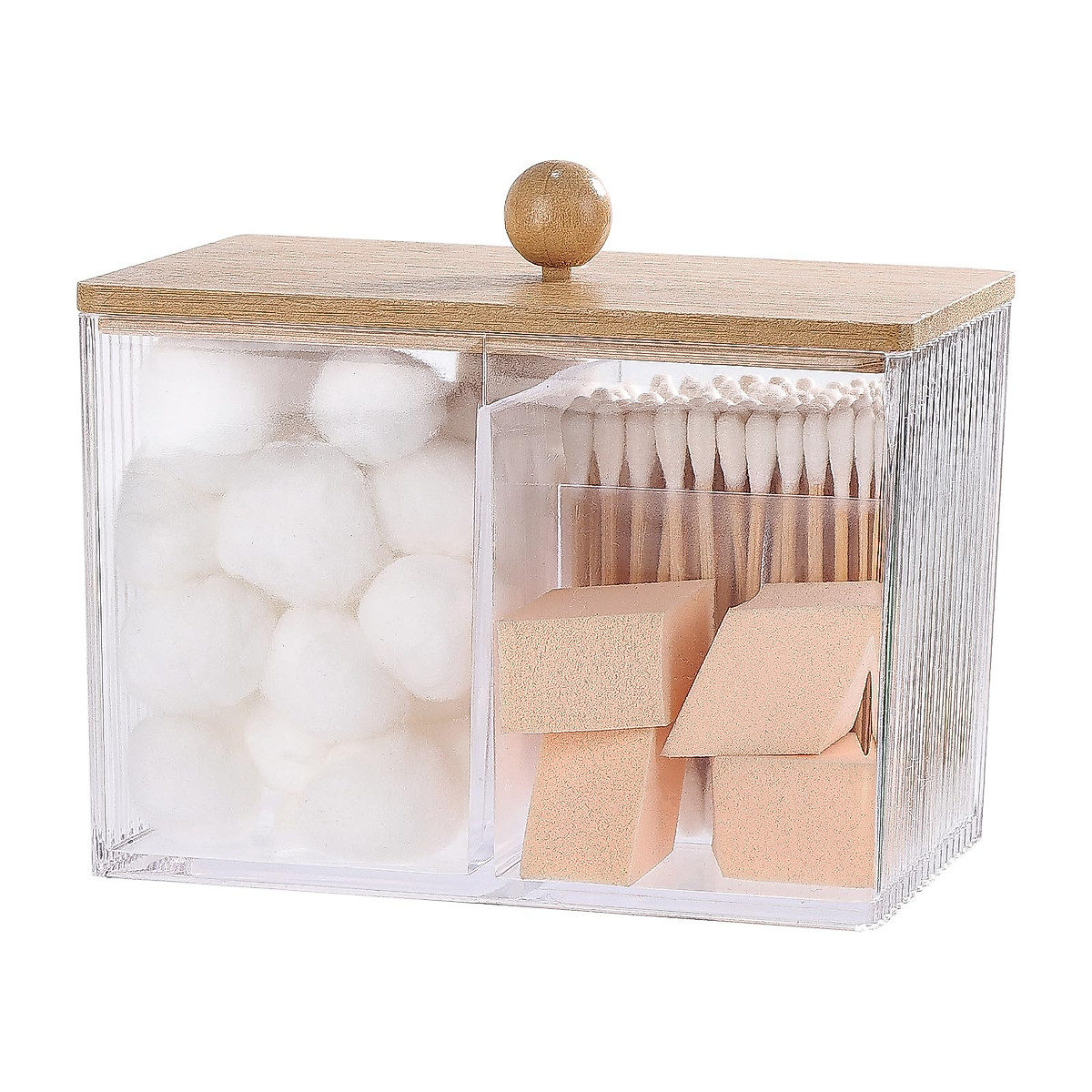 Ohlove Qtip Holder with Bamboo Lids, 3 Compartments Cotton Ball/Swabs Dispenser, Apothecary Jar Clear Plastic Bathroom Container for Storage and Organizer