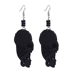 Wooden Flower Turban African Woman Head and Bead Dangle Hook Earrings - Black, Black Bead