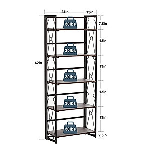 VECELO 5 Tier Bookshelf, Industrial Tall Bookcase with Metal Frames,Modern Standing Storage Rack Shelf Organizer for Home and Office,Dark Brown 24 x 12 x 62 inches