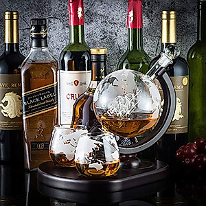 Whiskey Decanter Set,Globe Decanter,Whiskey Gifts for Men Husband Him Boyfriend Dad Women,with 2 Glasses,Beads,4 Ice Cubes,Tong & Funnel,Beverage Drink Dispenser,for Whisky,Liquor,Wine,Brandy,Cognac