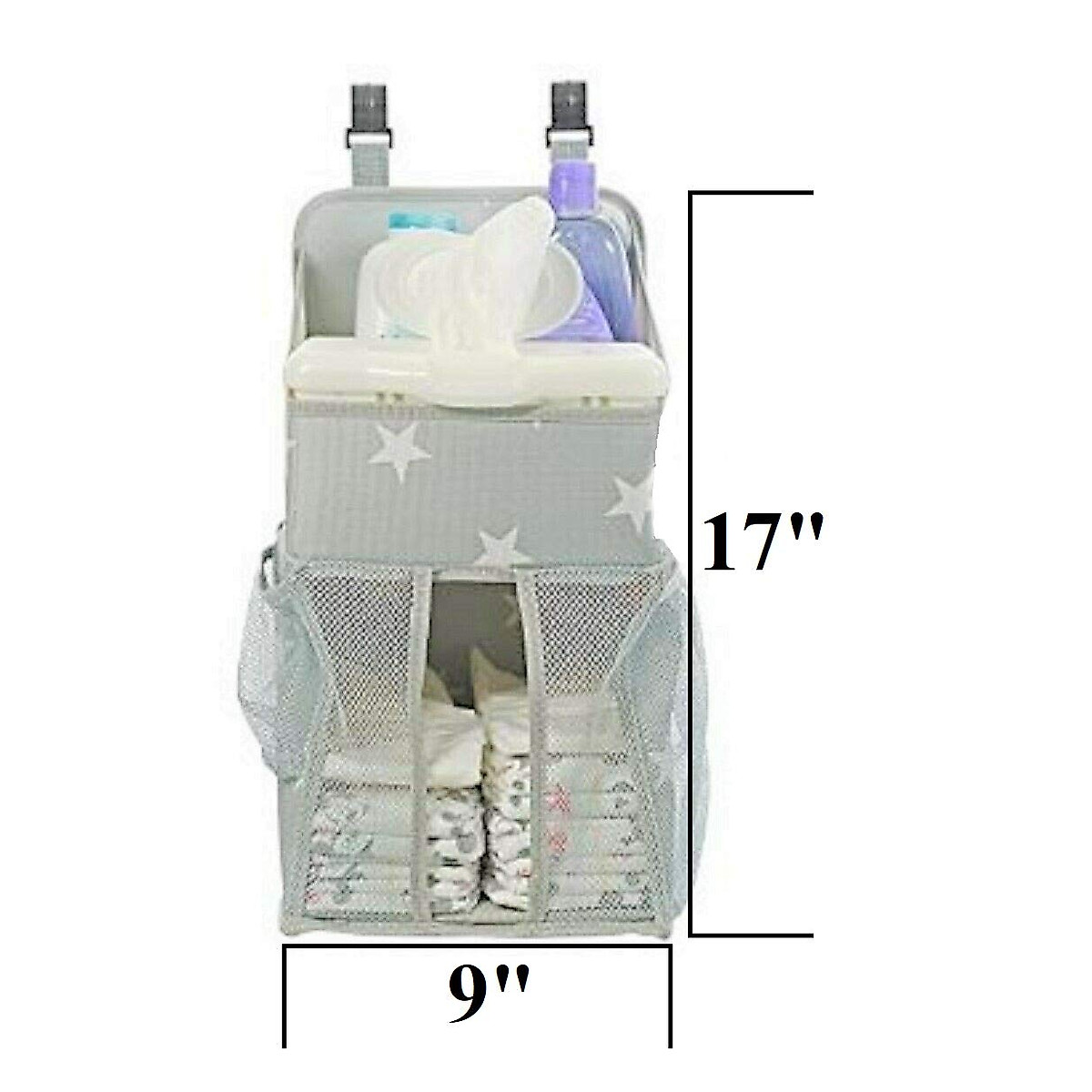 Star Pattern Diaper Caddy and Nursery Organizer for Newborn Baby Essentials, Hang on Crib, Baby Bed. Changing Table or wall. Multiple Pockets to Store Wipes, Creams, Lotions, Toys and more.