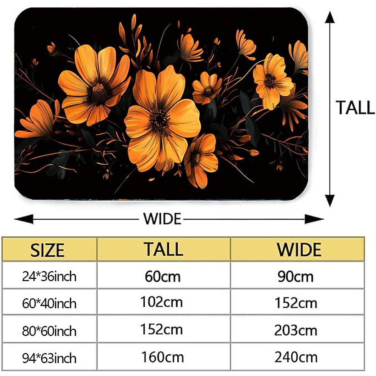 Floral Rug for Living Room, Rectangular Rug with Yellow Stylish Flowers on Black Background, Non-Slip Rug for Modern Home Living Room, Bedroom, Hallway, Office, Dining Room, entryway 24x36inch