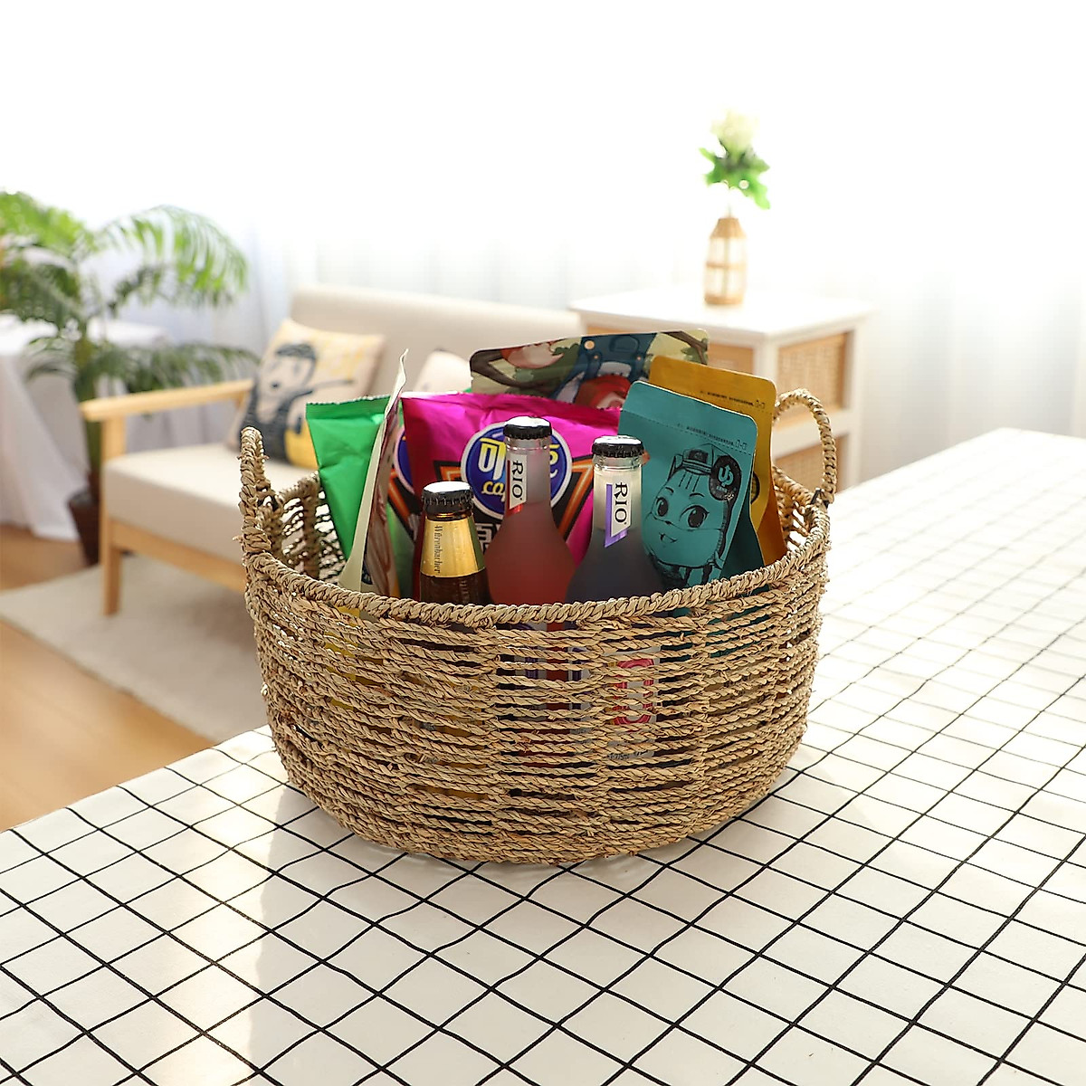 HODAKJUE Round Storage Basket Made by Seagrass with Handles (13.58"Dx6.1"H)