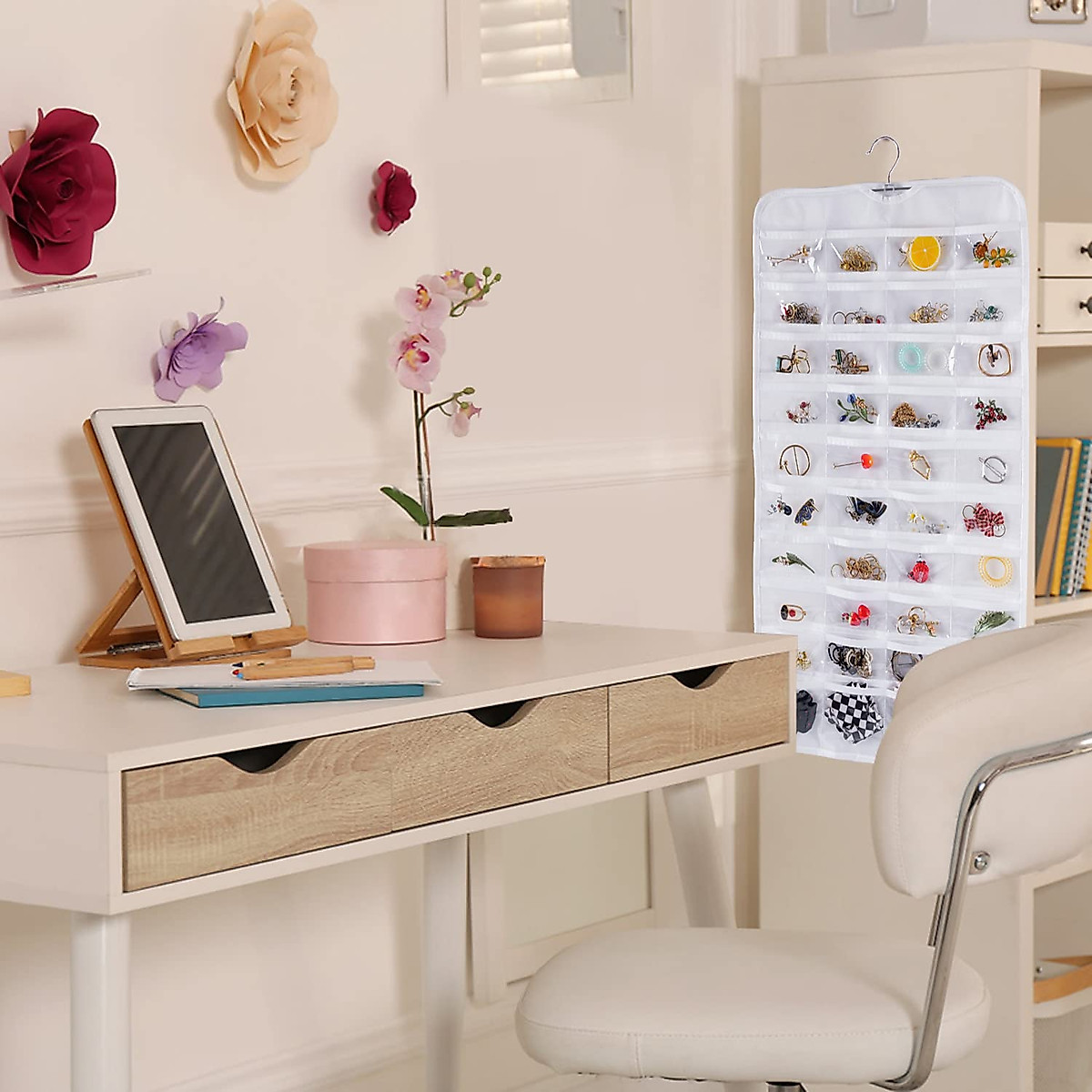 Bloss Hanging Jewelry Organizer, Double Sided 80 Pocket Jewelry Chain Storage Bag 2 Layer of Fabric Jewelry Organizer Holder for Necklace Bracelet Earring Ring Chain Knitting Tool-Black (White)