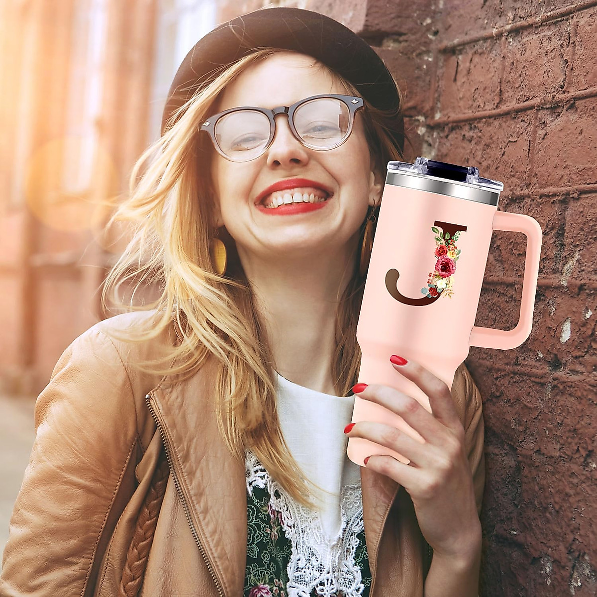 Monogrammed 40oz Tumbler with Handle for Women, Personalized Birthday Gifts for Women,Initial Cups for Girl Floral Letter J,Customized Gifts for Woman Lady Gift for Mothers Day Christmas