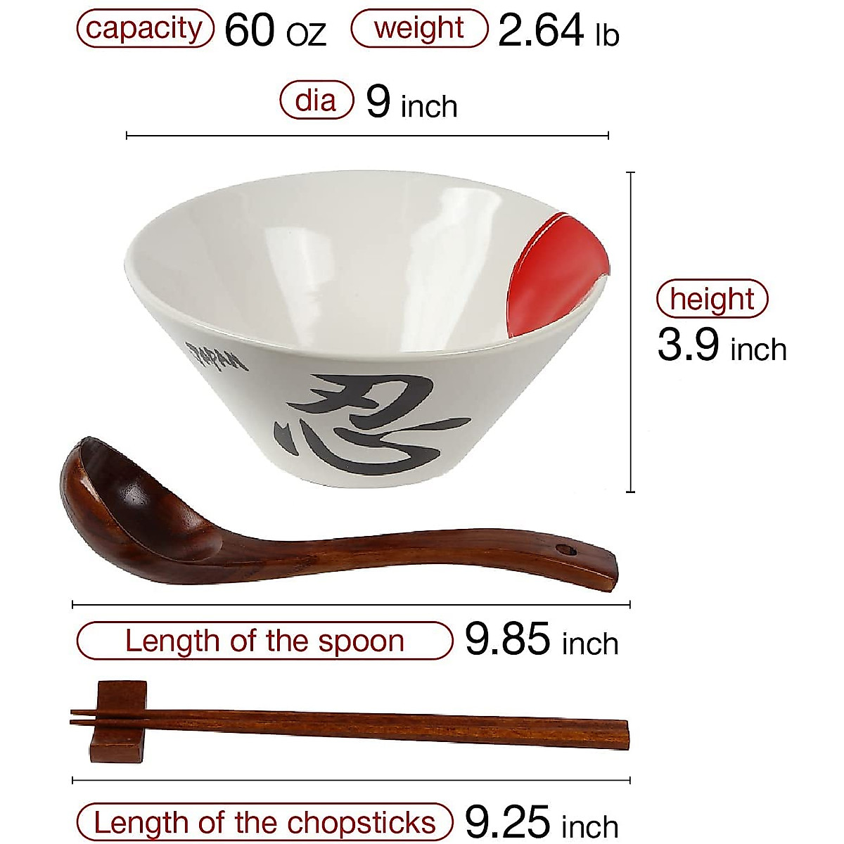 HAKONE YOSEGI Ceramic Japanese Ramen Bowl Set (Black, 60oz)
