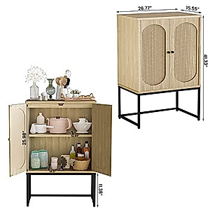 Lamerge Natural Rattan Cabinet Set of 2,Sideboard Buffet Cupboard Accent Cabinet with 2 Door,Adjustable Shelves,Free Standing Bookmatch,High Cabinet,RusticOak Beige