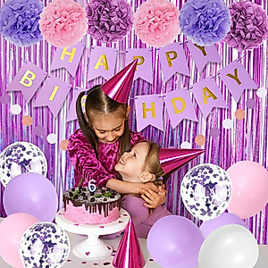 Upgraded Purple Pink Birthday Party Decorations for Women Girls with Happy Birthday Banner,Tissue Paper Pompoms,Circle Dots Garland,Fringe Curtains,Birthday Balloons,Purple Birthday Decor