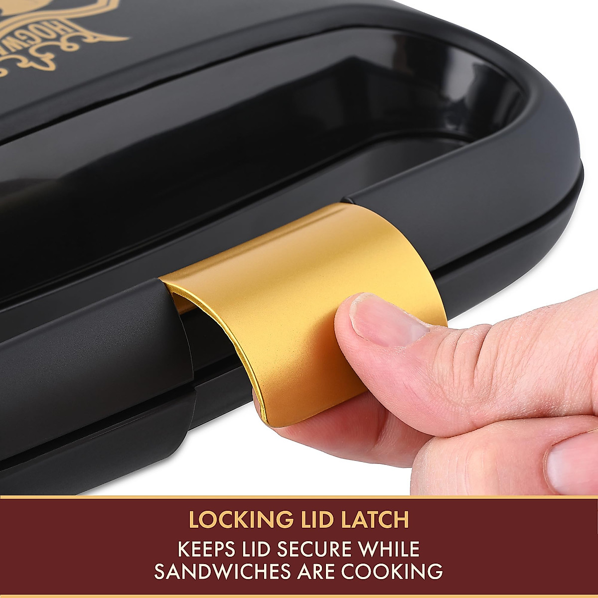 Warner Brothers Harry Potter Dual Sandwich Maker by Select Brands - Ceramic Coated Cooking Plates - Imprints Hogwarts Crest and Harry Potter Glasses on Toasted Sandwiches, Black and Gold, WBH-100SM