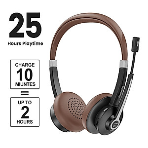 Bluetooth Headset V5.0, Hands free Wireless Headset with Noise Cancelling Microphone for Cell Phone, HD Stereo Sound & 25Hrs Playtime On-Ear Computer Headphones with USB-A Dongle for PC Laptop Skype