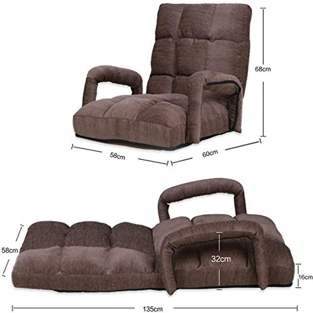 GYDJBD Folding Lounger Sofa Floor Chair Sofa Lounger Bed with Armrests and A Pillow, Six Positions of The Backrest Can Be Adjusted (Color : Brown)