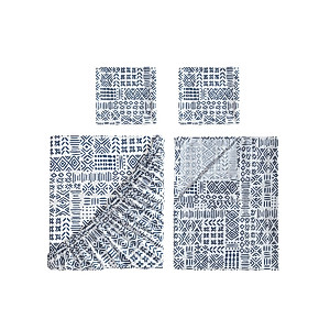 Indigo Ink - Full Size Sheet Set, 4-Piece Boho Geometric Patterned Bedding, Soft & Wrinkle Resistant (White Denim Collection, Navy Blue)