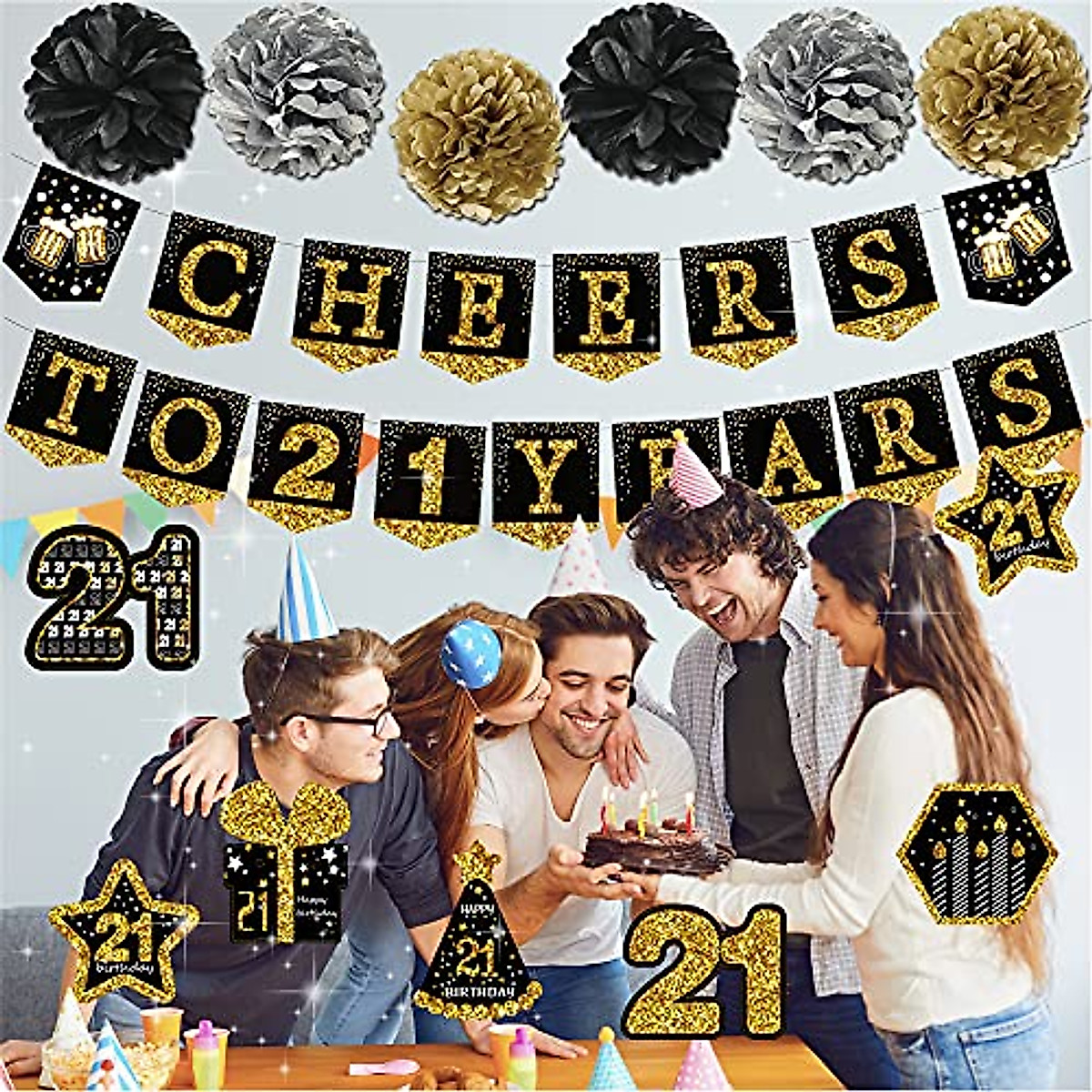21st Birthday Decorations for him - (21pack) Cheers to 21 Years Black Gold Glitter Banner for him her, 6 Paper Poms, 6 Hanging Swirl, 7 Decorations Stickers. 21 Years Old Party Supplies Gifts for him