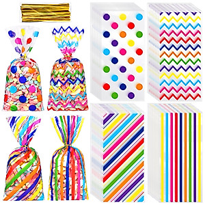 Aodaer 100 Pieces Rainbow Cellophane Bags Plastic Candy Gift Bags Cellophane Treat Bags with Twist Ties Stripes Polka Dot Printed Pattern Goodie Bags for Birthday Weddings Party Favors