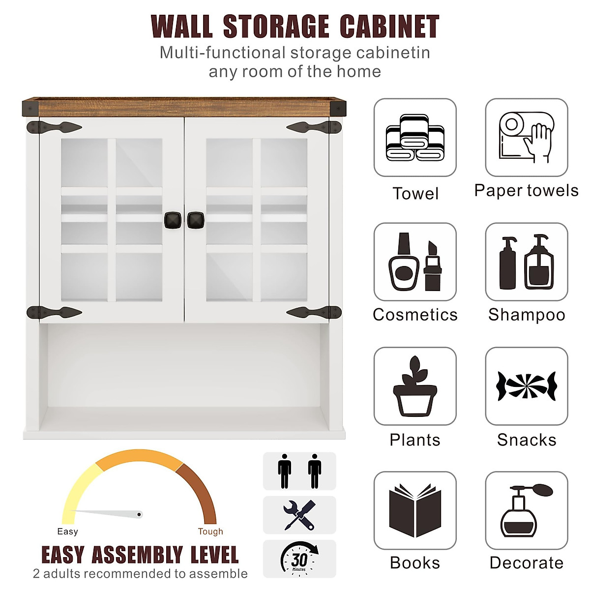 FREDEES Farmhouse Bathroom Wall Cabinet, Over The Toilet Storage Cabinet, Large Medicine Cabinet Organizer with 2 Doors and Shelf for Kitchen, Living Room, 26x29 inch, Antique White