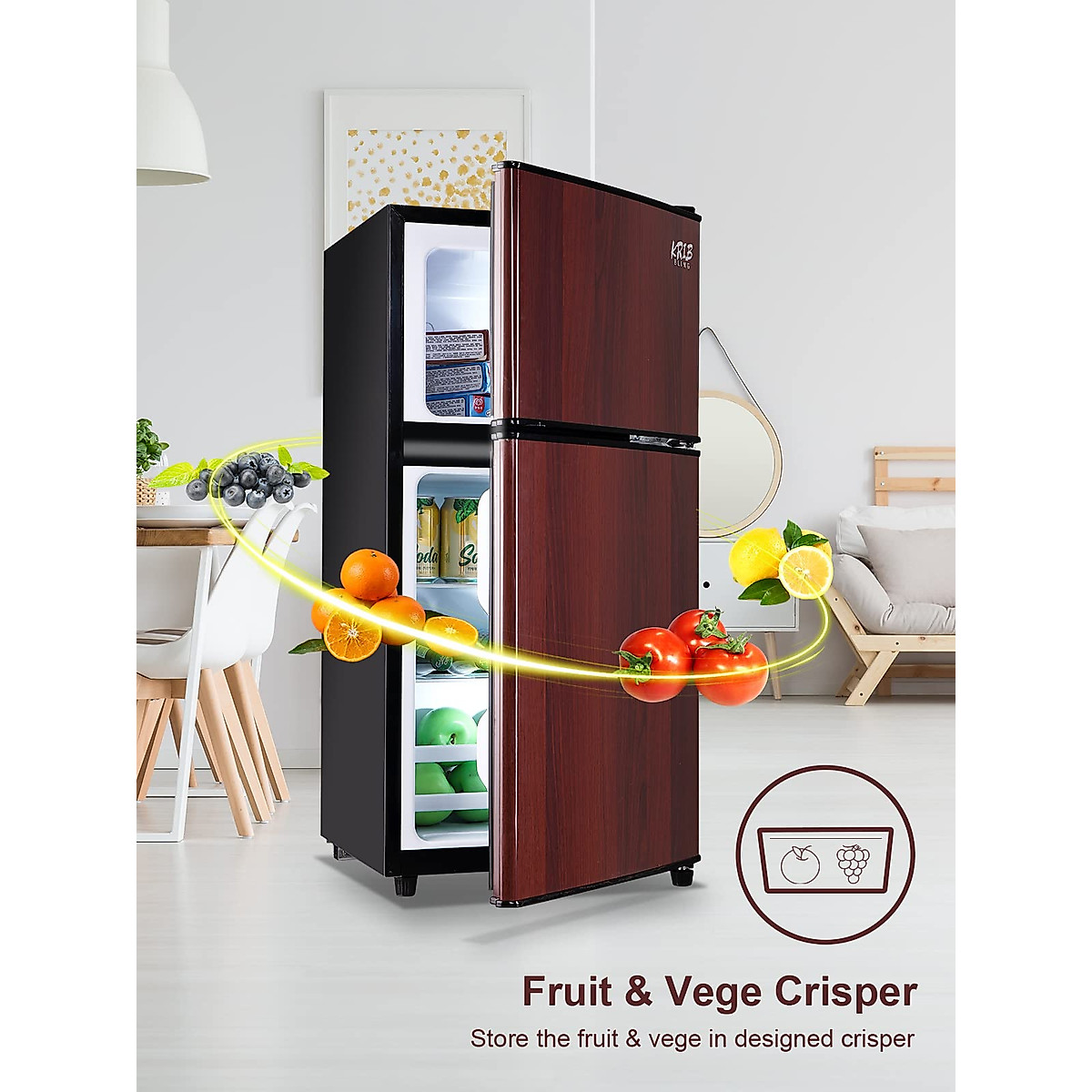 KRIB BLING 3.5 Cu.Ft Refrigerator 2 Door 7 Level Adjustable Thermostat Control Top-Freezer Refrigerator Lock Fresh Energy Saving Wood