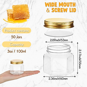 Dandat 50 Pcs 3 oz Hexagon Plastic Jars with Lids Mini Honey Jars Wide Mouth Canning Jars Small Spice Jars for Party Wedding Favors, Baby Shower, DIY Gift, Jelly, Herb, Jams, Candy (Gold)