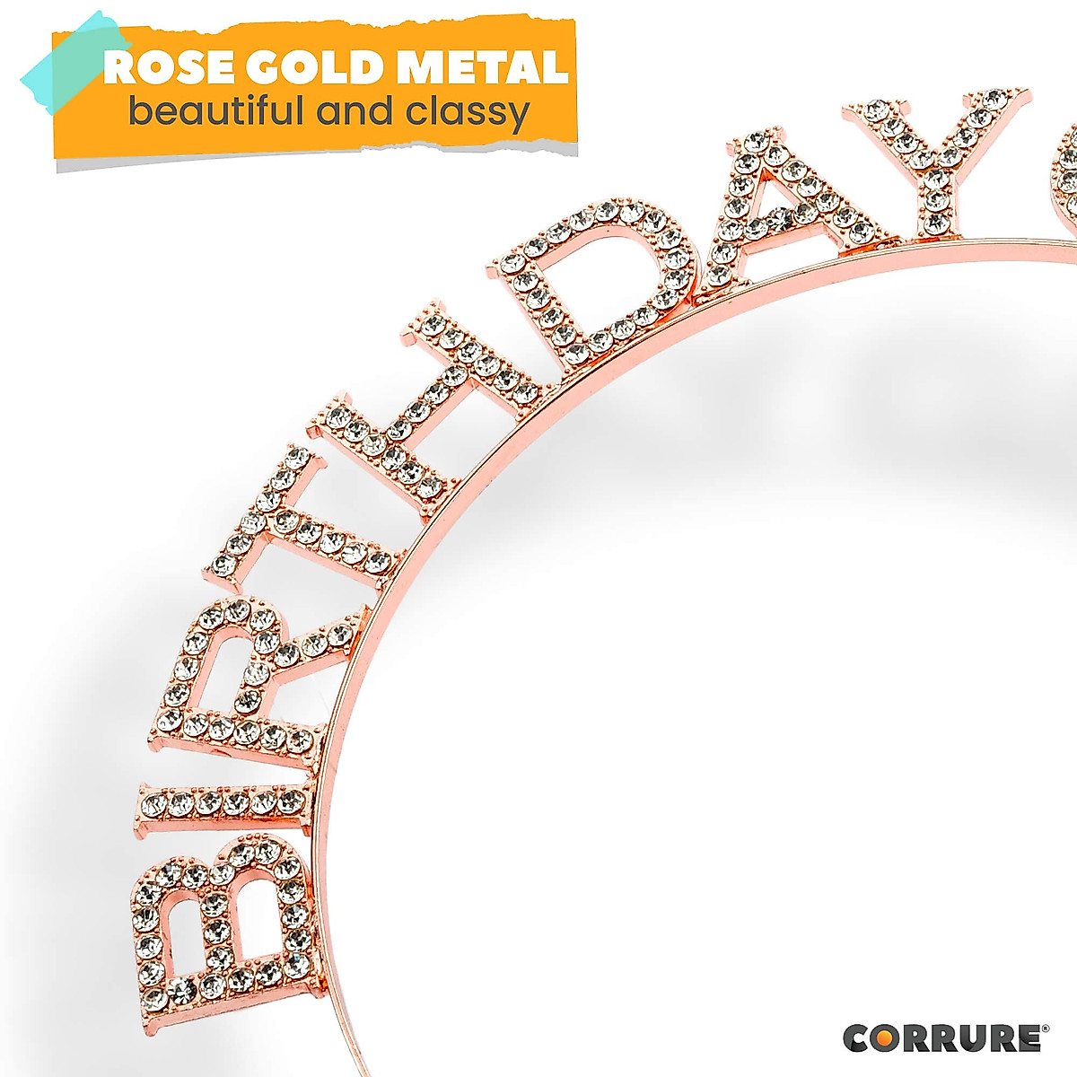 CORRURE Birthday Headband Rhinestone Tiara for Girls, Rose Gold Birthday Crown Headpiece, Party Hair Accessories for Girls and Women, Sweet 16, 18th, 21st, 25th, Any Other Bday Party Decorations Supplies