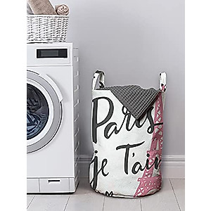 Ambesonne Paris Laundry Bag, Je Taime Lettering Vintage European Symbol of Romance Eiffel Tower Heart Shapes, Hamper Basket with Handles Drawstring Closure for Laundromats, 13" x 19", White Baby Pink