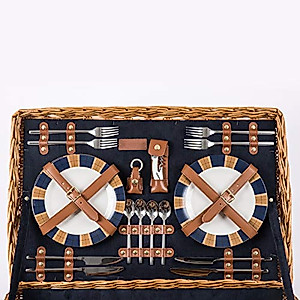 PICNIC TIME Windsor Luxury Wicker Picnic Basket, Deluxe Set for 4, Navy Blue