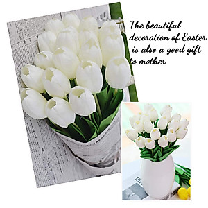KOILLUXU Artificial Flowers 30pcs Bouquet 14" Tall Real Touch Tulips, White PU Fake Tulips Flowers for Arrangement Wedding Party or Easter Spring Home Centerpiece Dining Room Office Table Decoration